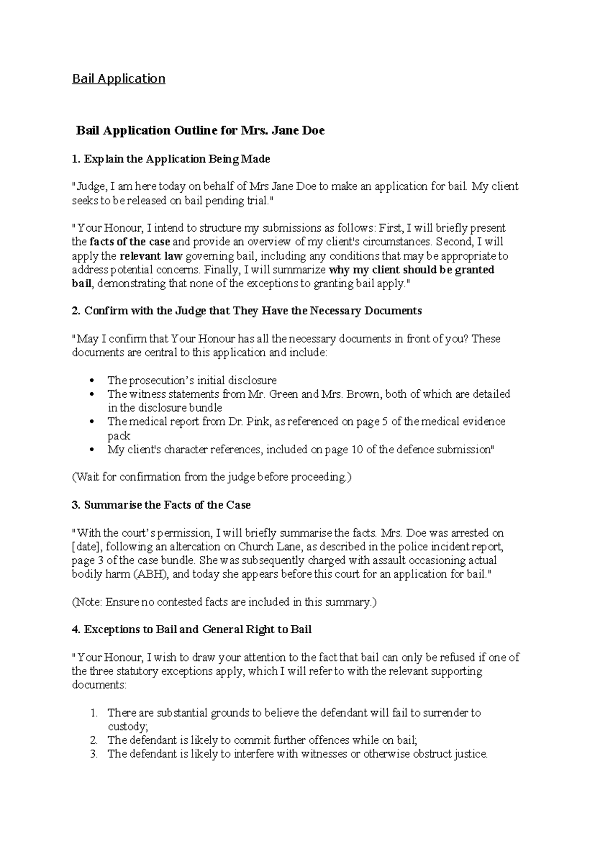 Bail Application Outline for Mrs. Jane Doe - Advocacy Structures - Studocu