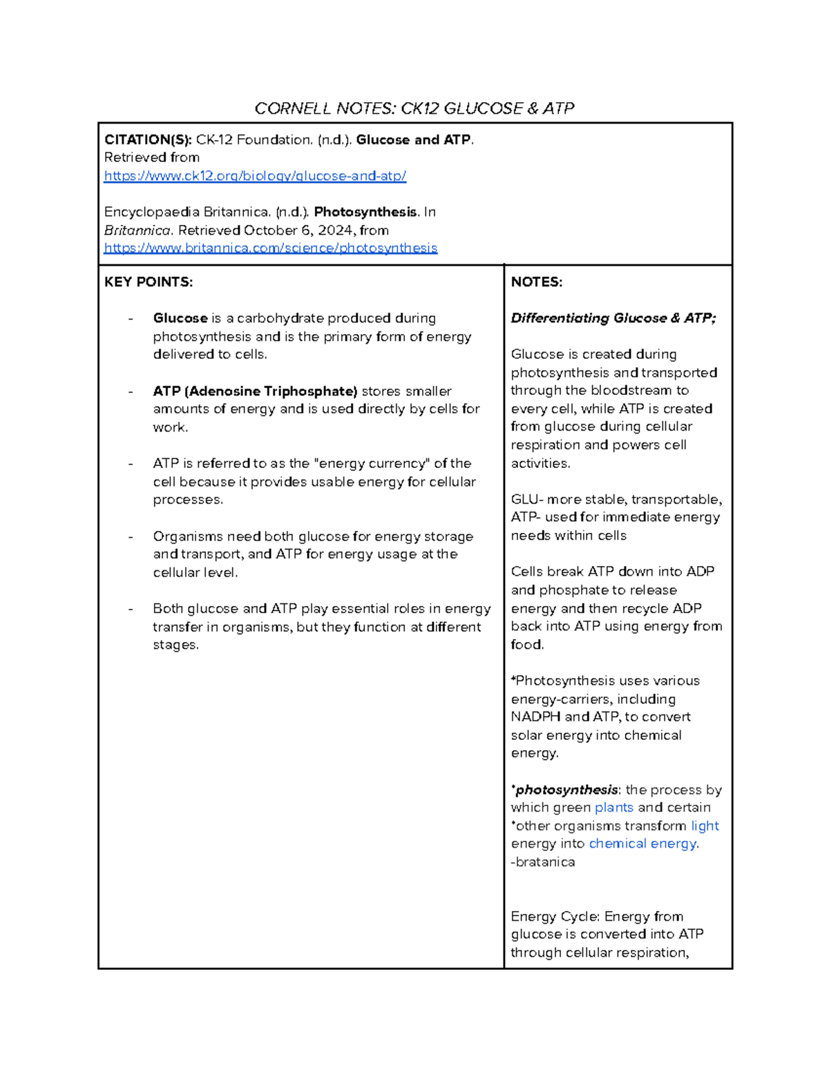 Cornell Notes on CK12: Glucose & ATP Overview and Key Points - Studocu