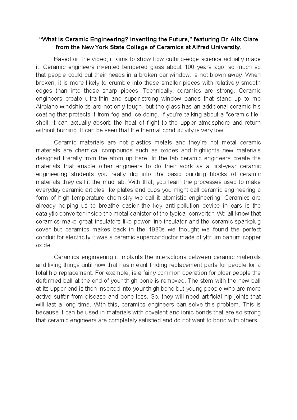 What is Ceramic Engineering - Alix Clare from the New York State ...