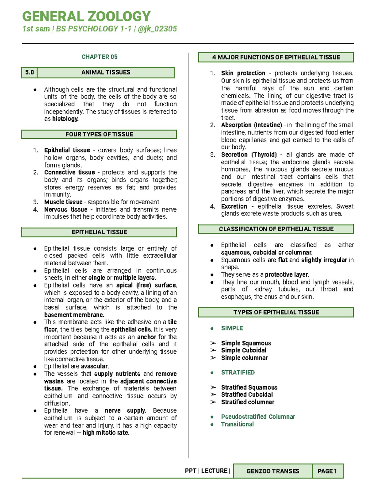 Genzoo PSY 1-1 Chapter 5: Animal Tissues Overview and Notes - Studocu
