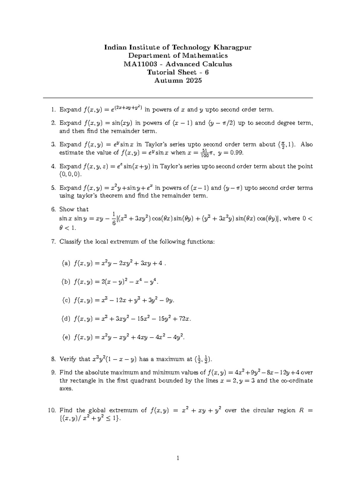 MA11003 Advanced Calculus Tutorial 6: Maxima, Minima & Taylor Series - Studocu