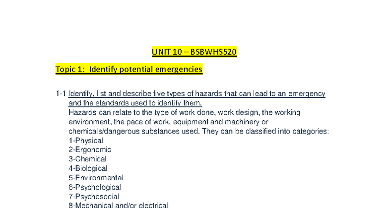 Bsbwhs 520- UNIT 10- Questions - UNIT 10 – BSBWHS Topic 1: Identify ...