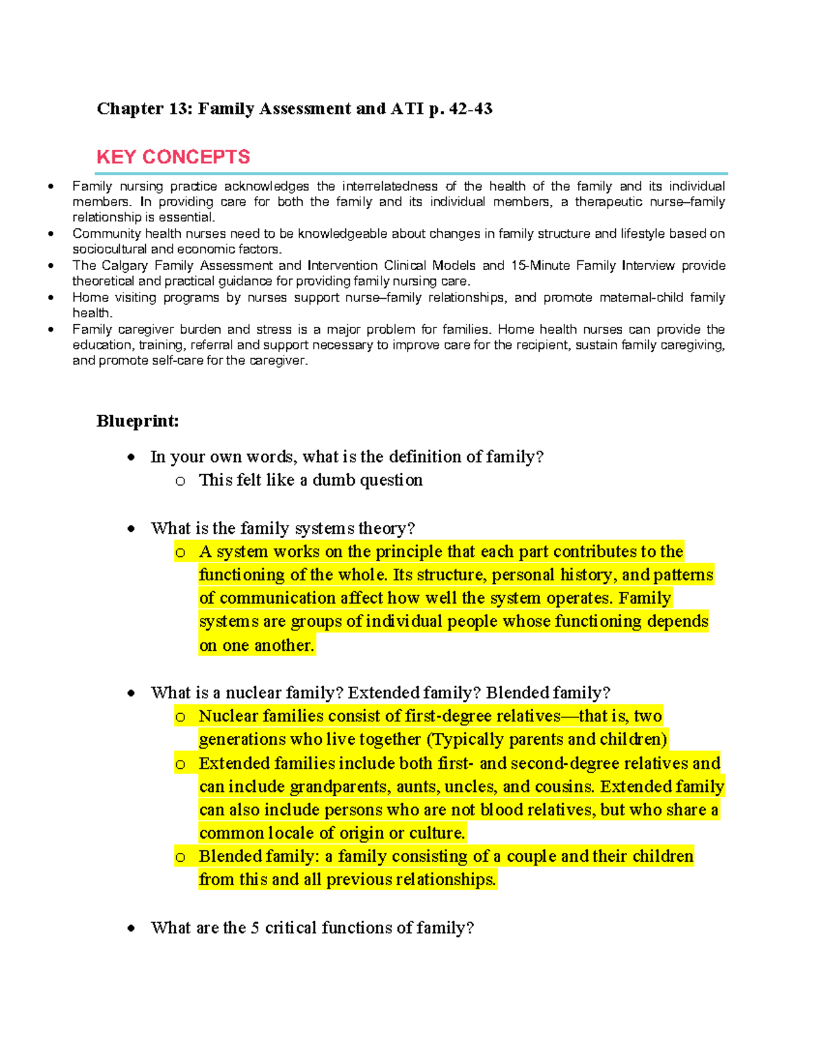 Chapter 13 Family Assessment Blueprint for Nursing Practice - Studocu