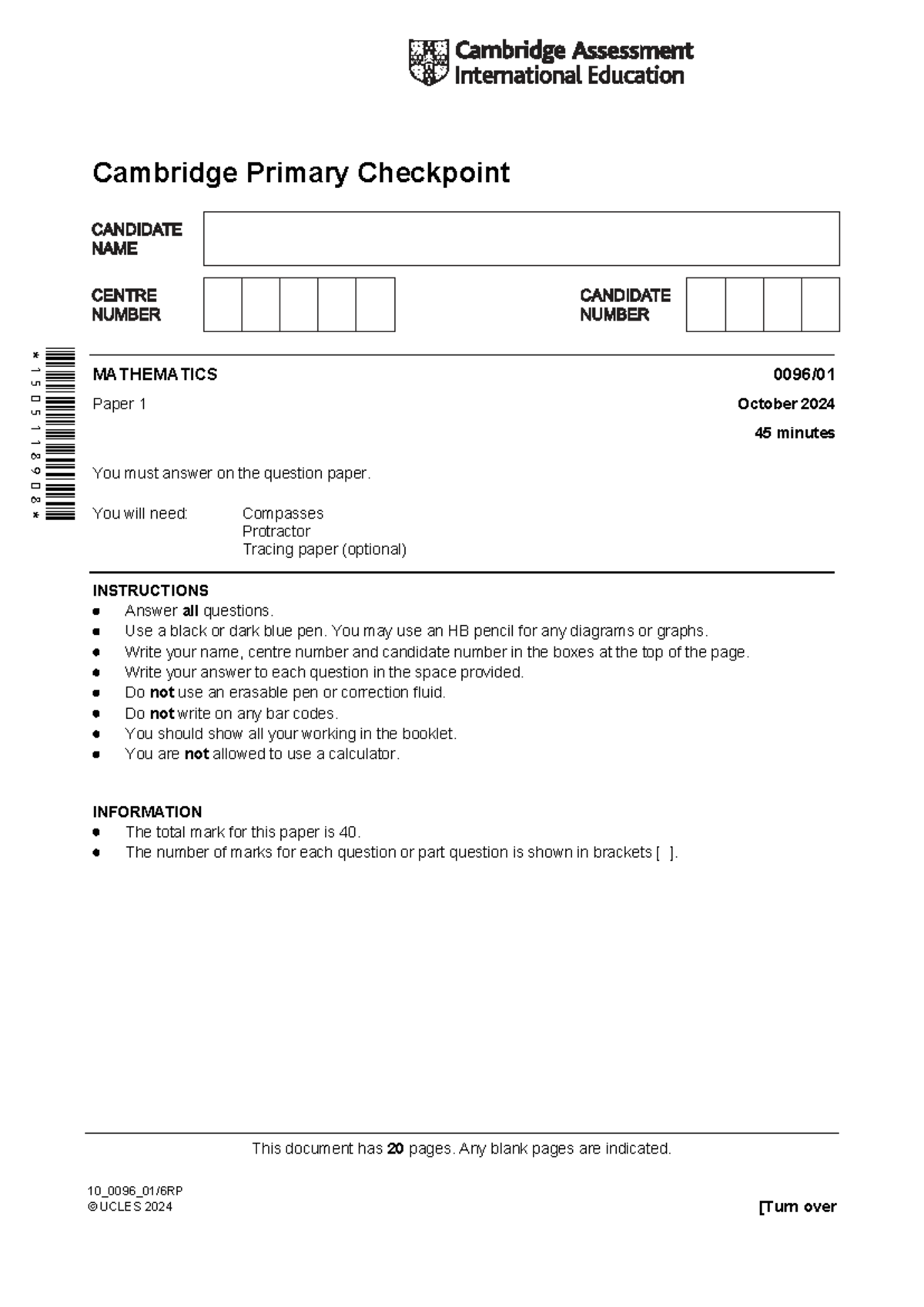 Cambridge Primary Checkpoint Mathematics 0096/01 Paper 1 October 2024 ...