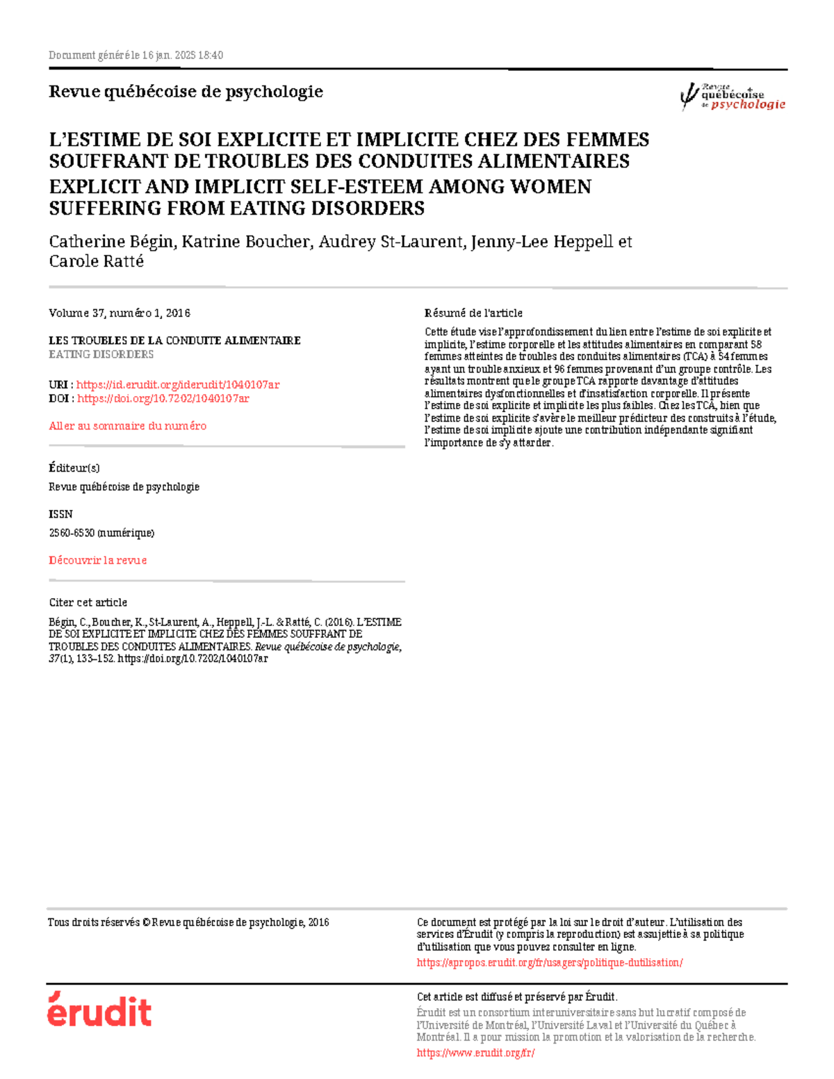 Estime de soi explicite et implicite chez femmes avec TCA - RQP 37(1 ...
