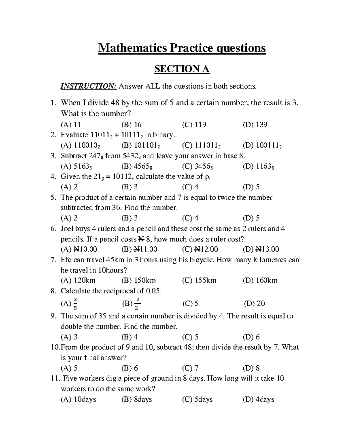 SS1 Maths Practice Questions: Comprehensive Practice Set for Exams ...