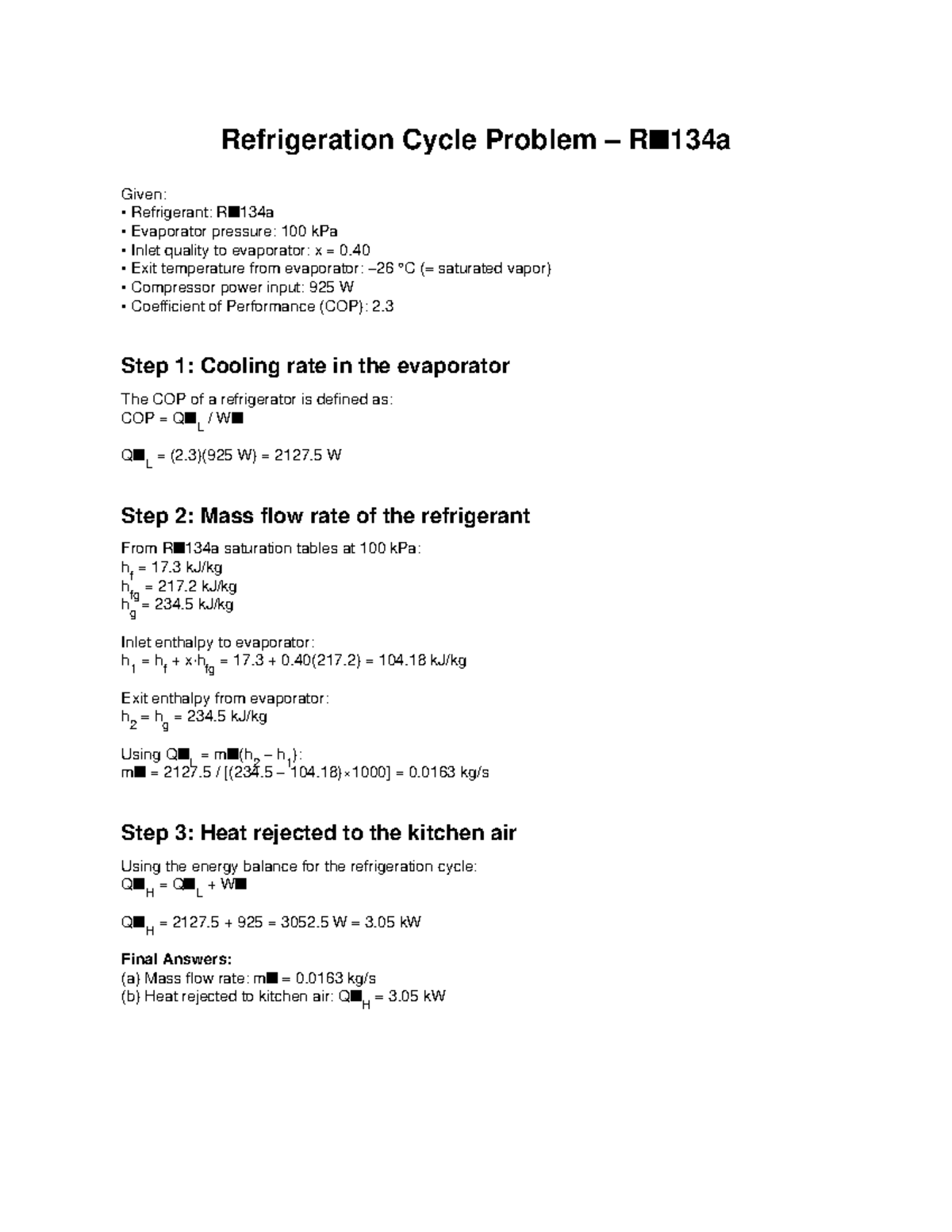 R134a Refrigeration Cycle Problem Solution - COP & Heat Transfer ...