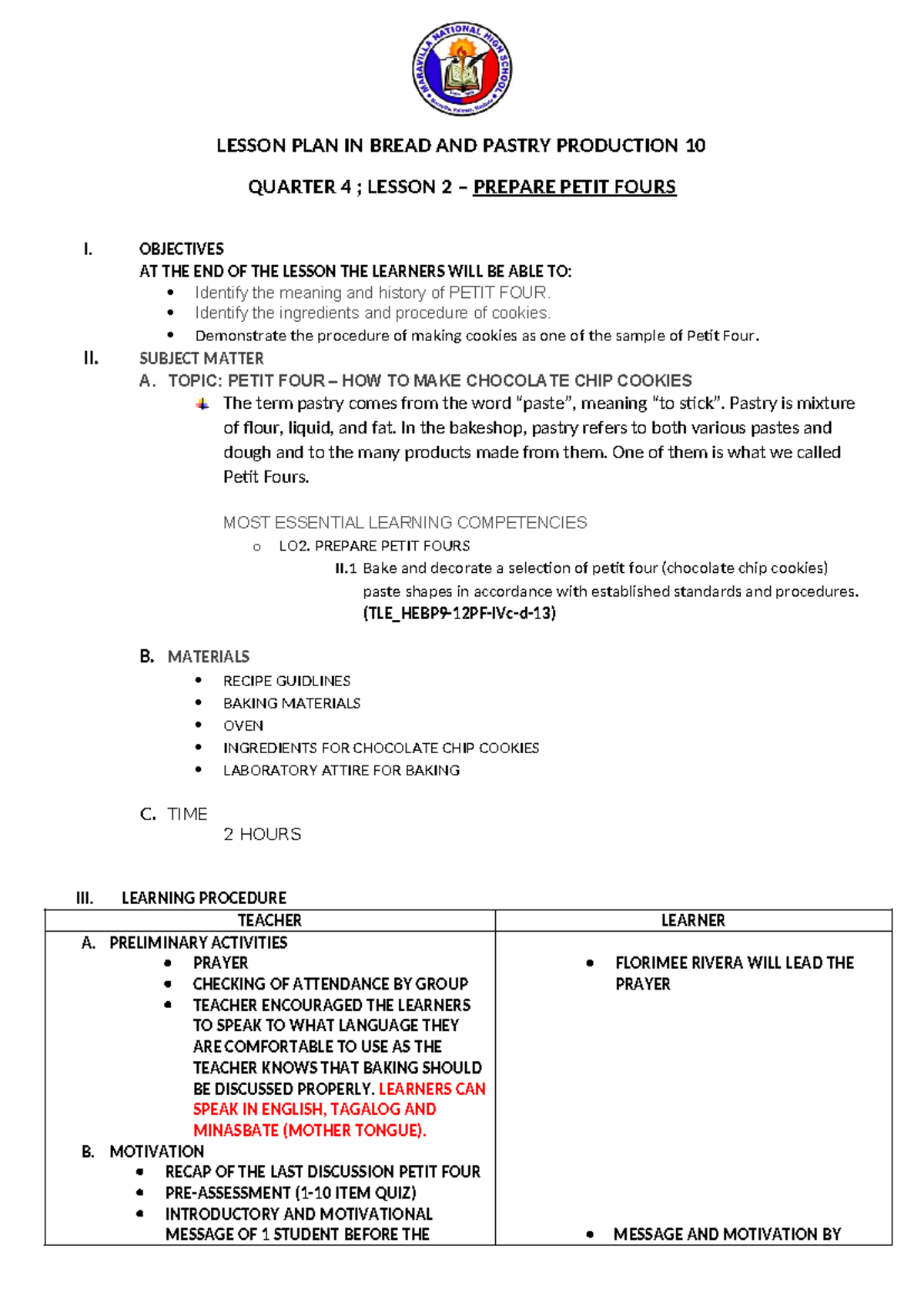 COT 1 TLE 10 BPP - Lesson Plan for Preparing Petit Fours - Studocu