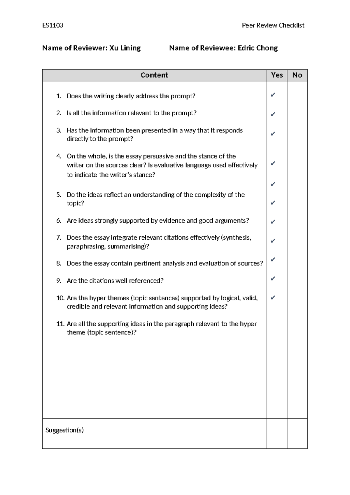 ES1103 Peer Review Checklist for Essay Evaluation - Studocu