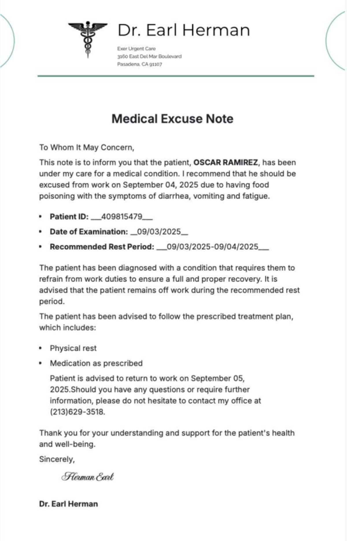 Oscar Ramirez Medical Excuse Note - Dr. Earl Herman - Studocu