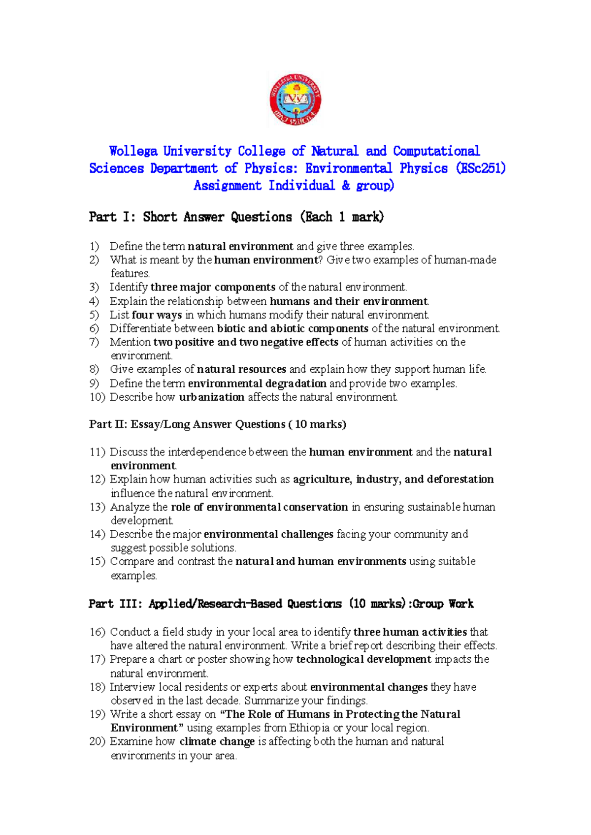 ESc251 Environmental Physics Assignment: Short Answer & Group Work ...