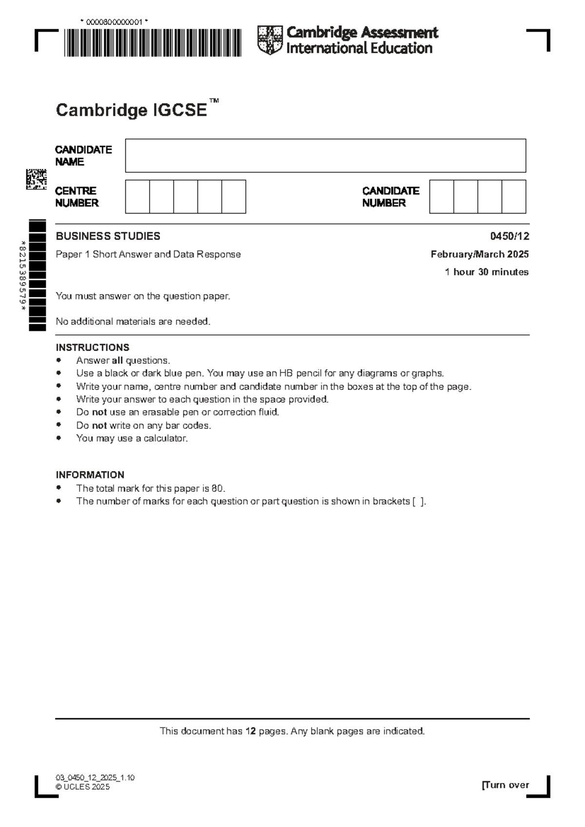 Cambridge IGCSE Business Studies 0450/12 Paper 1 Short Answer 2025 ...