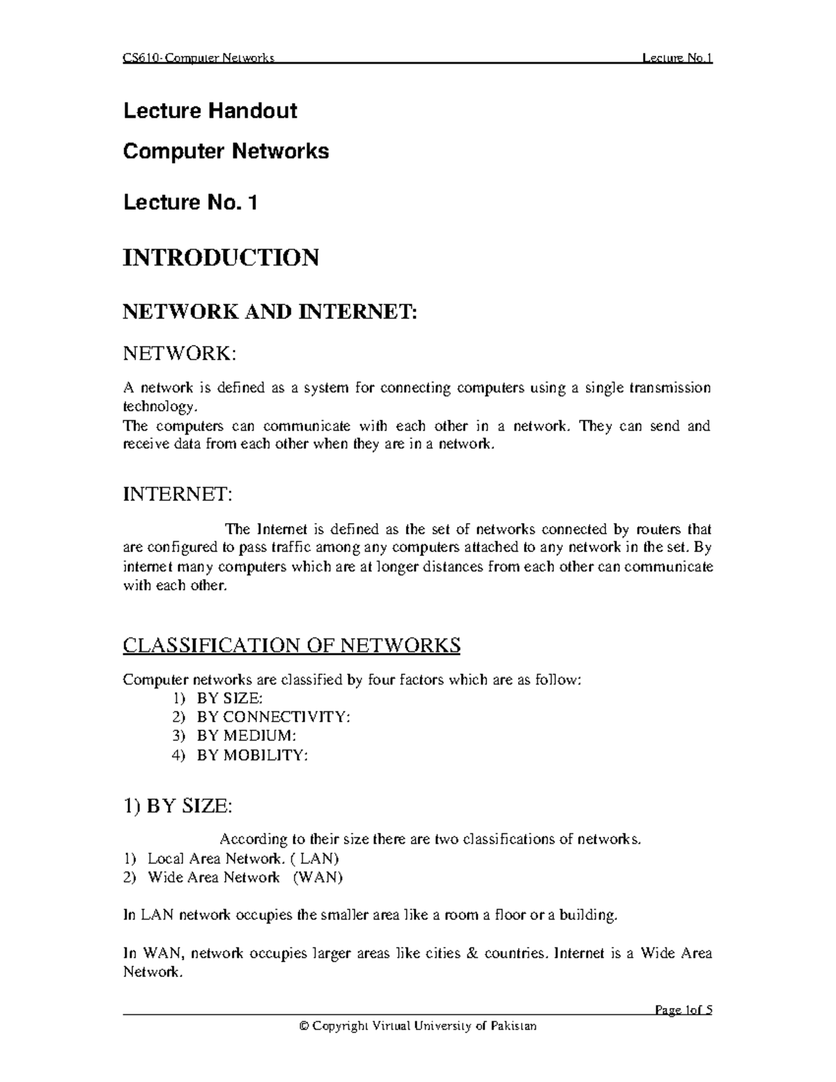 Networks Lecture No. 1: Introduction to Networking Concepts - Studocu