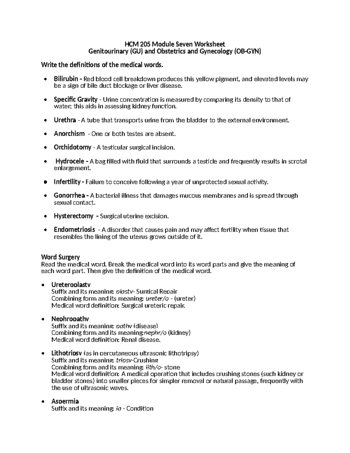 HCM 205 Module 7 Worksheet: GU & Obstetrics/Gynecology Terms ...