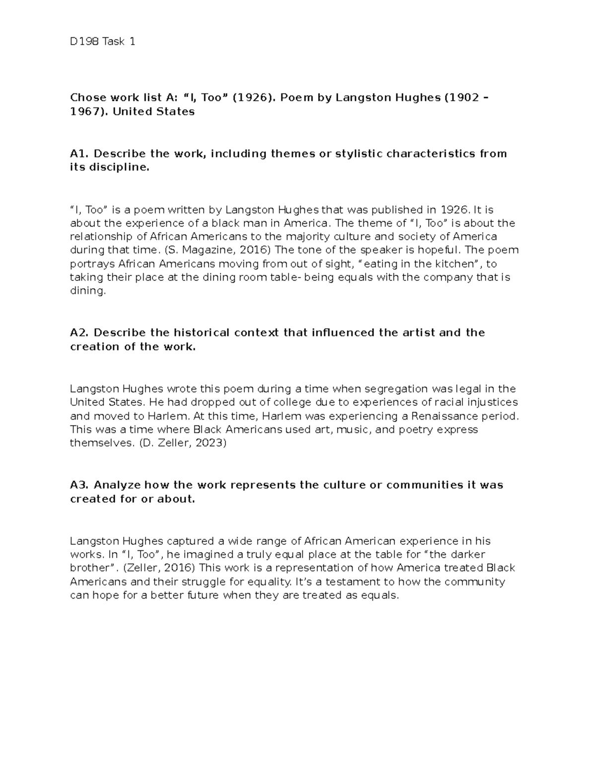 D198 Task 1: Analysis of Poems by Langston Hughes & Emily Dickinson ...