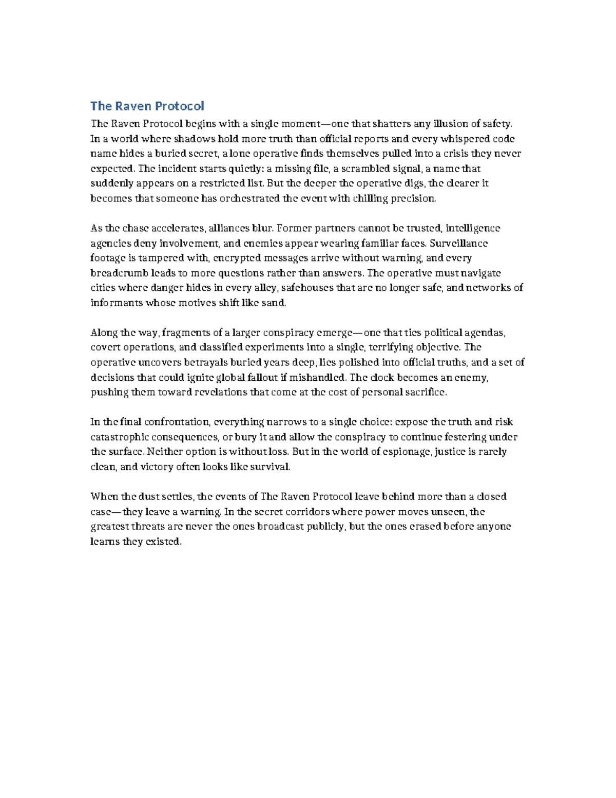 The Raven Protocol: Unraveling Shadows and Betrayals - Studocu