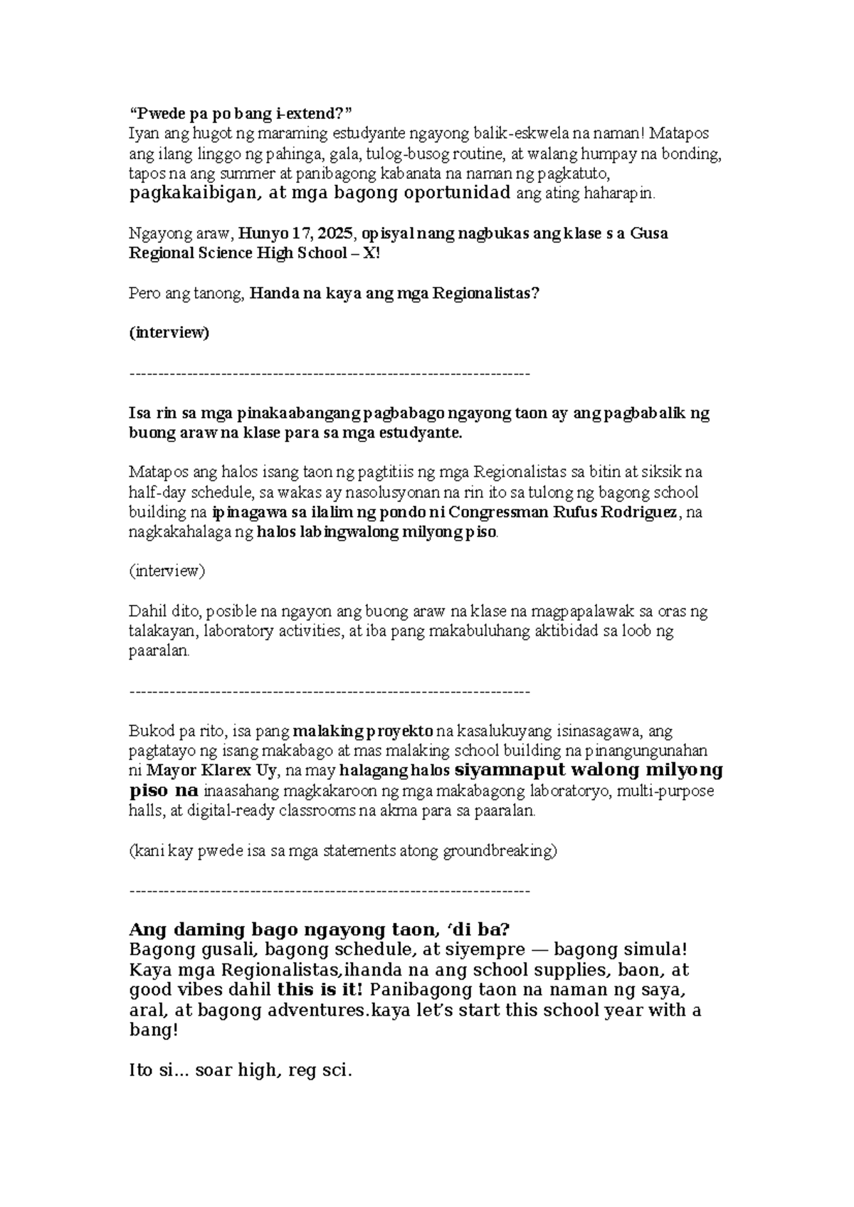 Back to School Coverage: Regional Science High School X Updates - Studocu