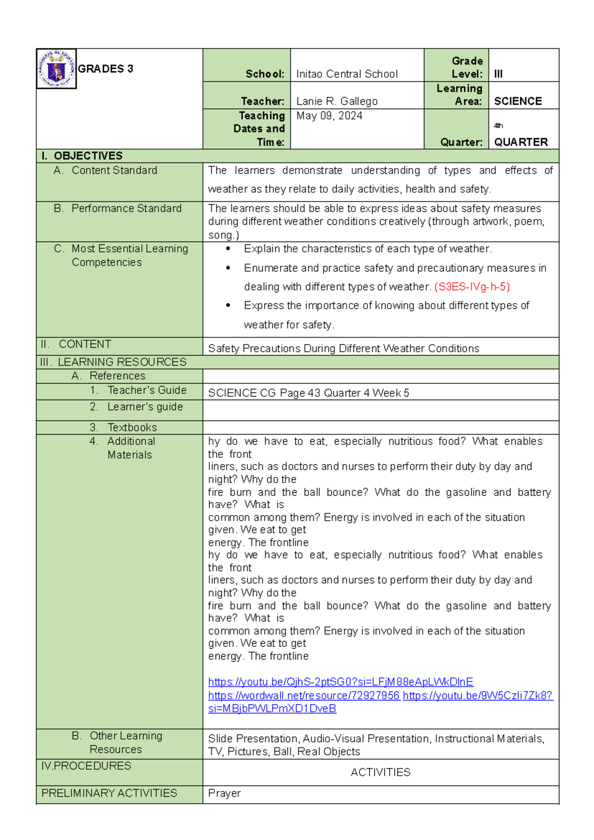 Safety Precautions in Different Weather Types (SCIENCE Grade 3) - Studocu