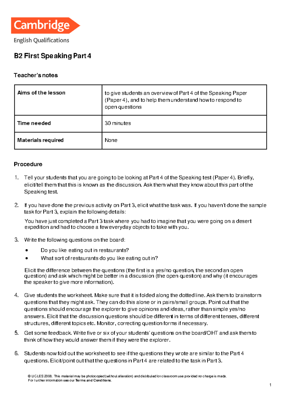 180435 B2 First Speaking Test Paper 4 Teacher's Guide - Studocu