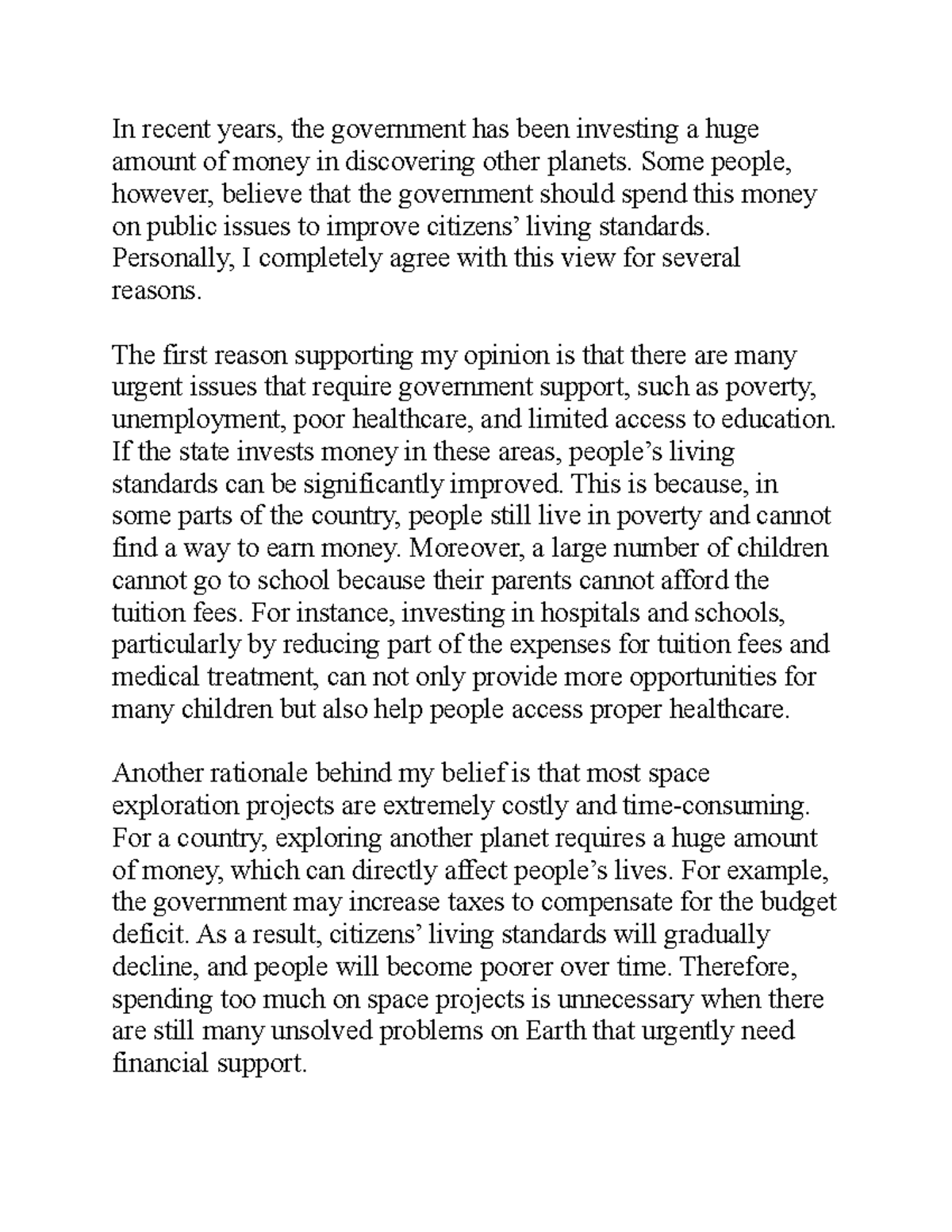 Essay on Government Spending: Space vs. Public Issues - Studocu