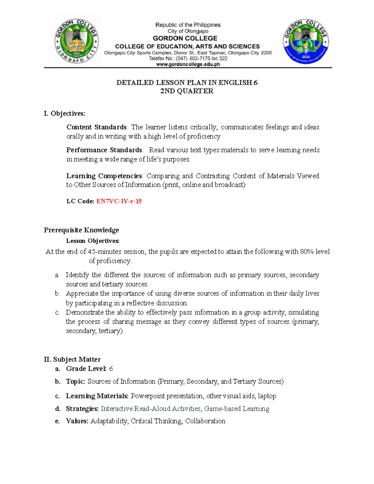 English 6 Lesson Plan: Understanding Sources of Information - Studocu