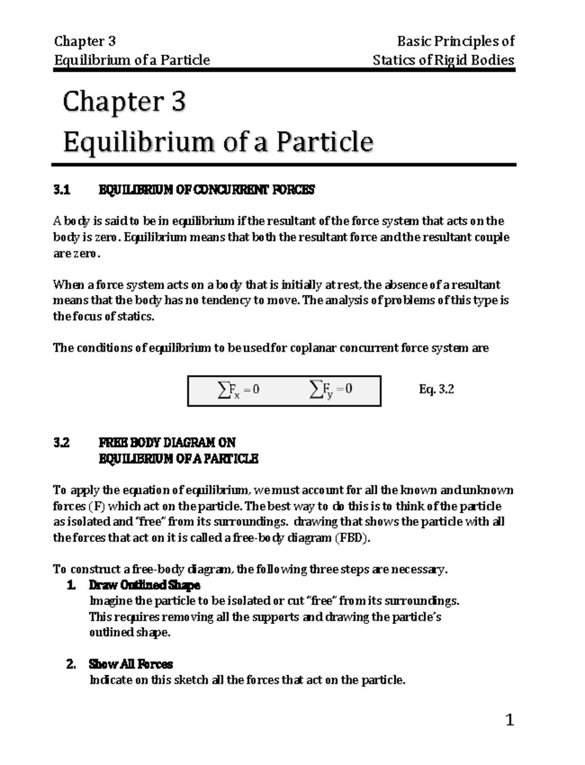 Chapter 3 Equilibrium of a Particle - Statics of Rigid Bodies Chapter 3 Equilibrium of a ...