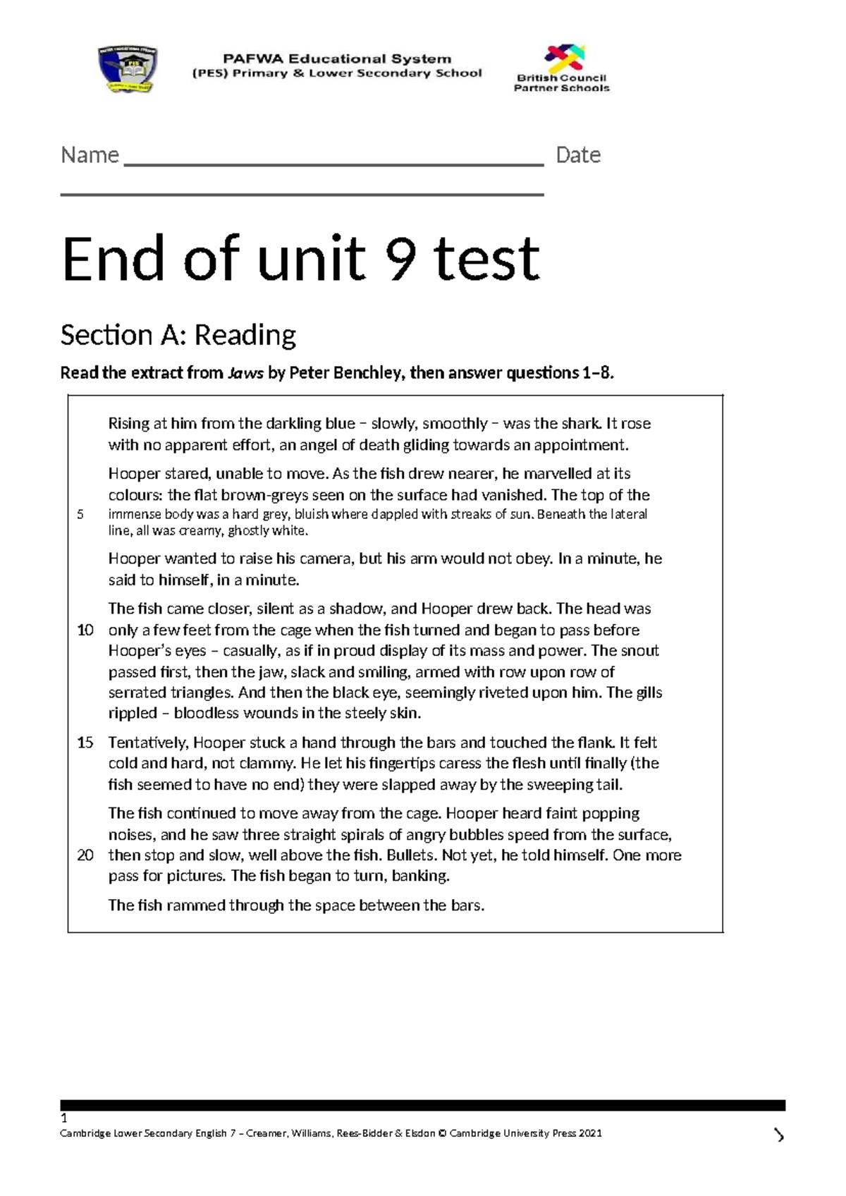 LS English 7 Unit 9 Test - Reading Comprehension on Jaws - Studocu