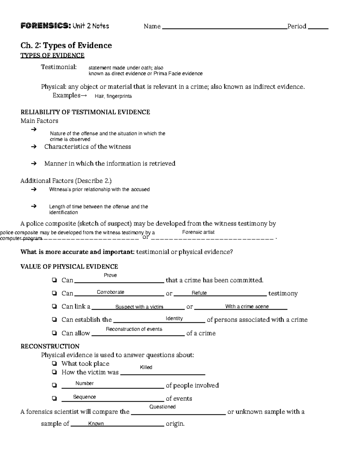FOR 101: Unit 2 Notes on Types of Evidence in Forensics - Studocu