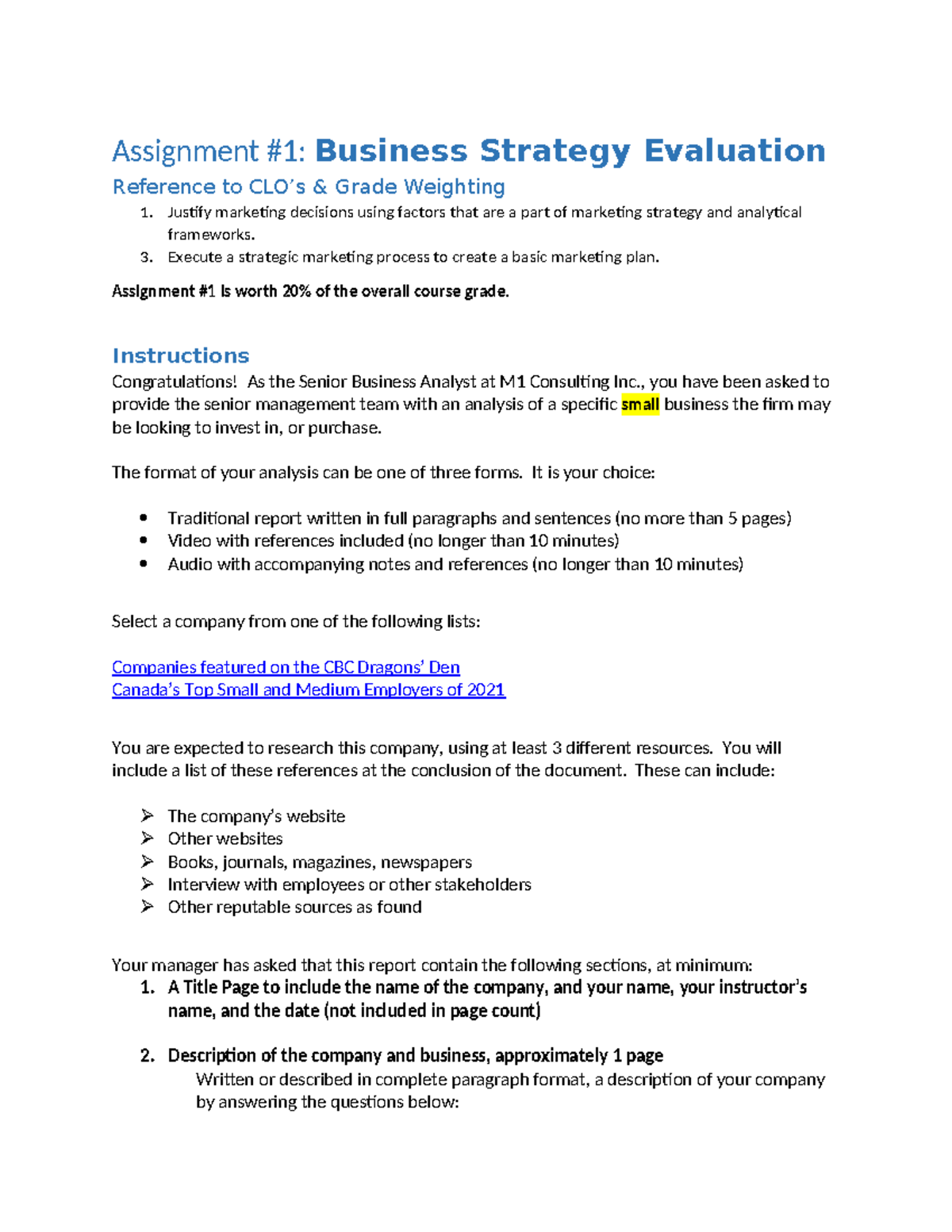 Assignment #1 - Business Strategy Evaluation: Marketing Analysis & Plan - Studocu