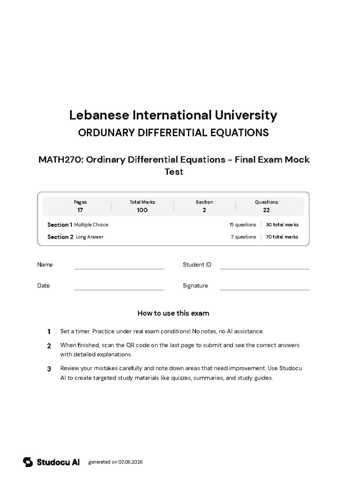 MATH270: Ordinary Differential Equations - Final Exam Mock Test - Studocu