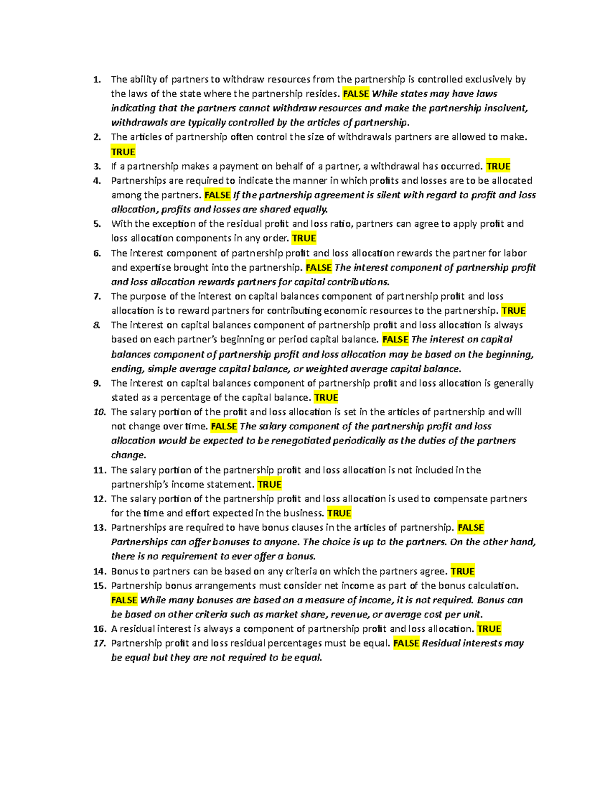 Partnership Operations True or False Quiz with Key Insights - Studocu