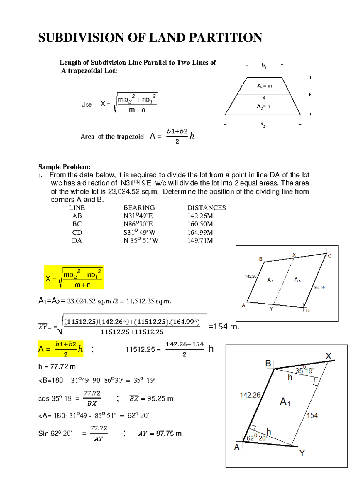 Subdivision of Land Partition: Calculating Equal Areas for Trapezoidal ...