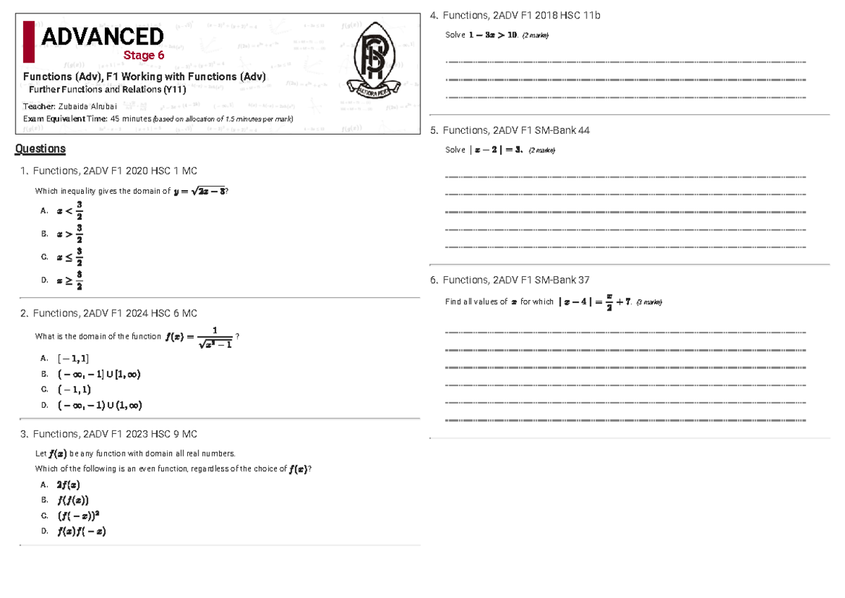 Further Functions and Relations: 2ADV F1 HSC Exam Prep - Studocu