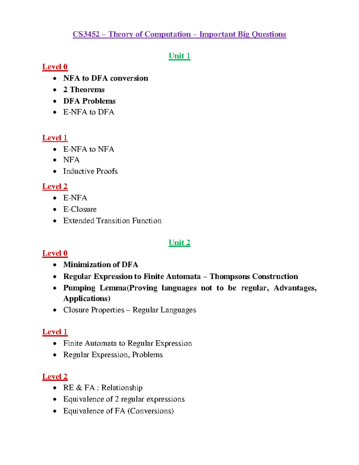 CS3452 Theory of Computation: Levelwise Big Questions & Concepts - Studocu