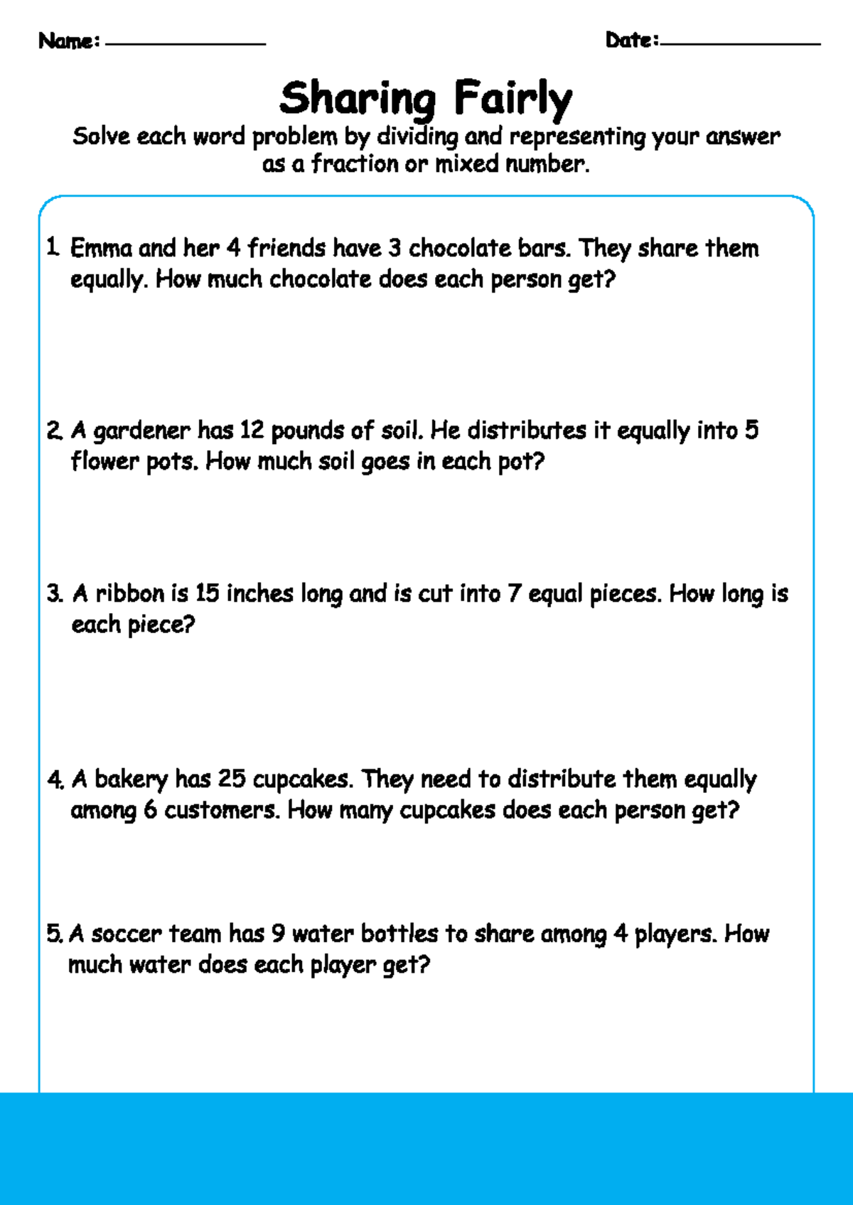 Dividing Fractions - 5th Grade Worksheet - Name: 1. 2. 3. 4. 5. Date ...