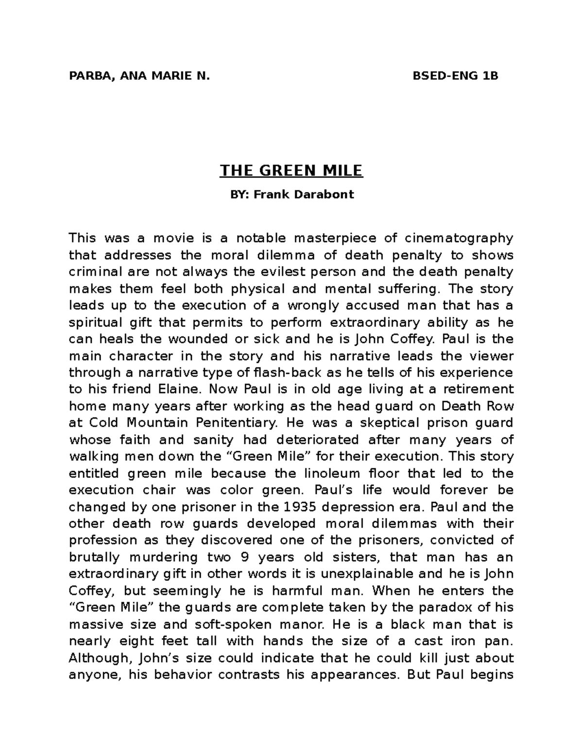 Reflection Paper: Analyzing Themes in THE GREEN MILE (BSED-ENG 1B ...
