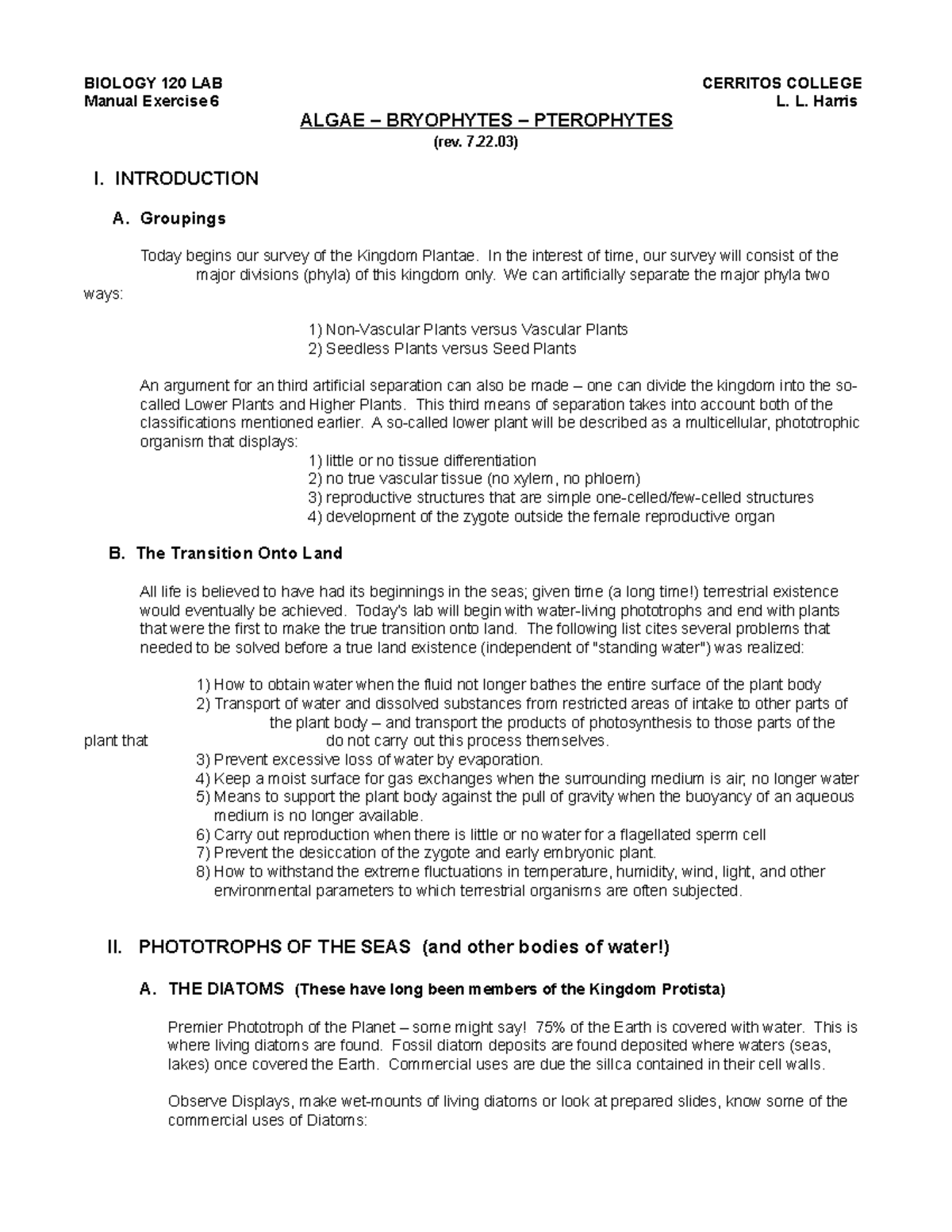 Week 7 Plants I - Plant lab notes - BIOLOGY 120 LAB CERRITOS COLLEGE ...