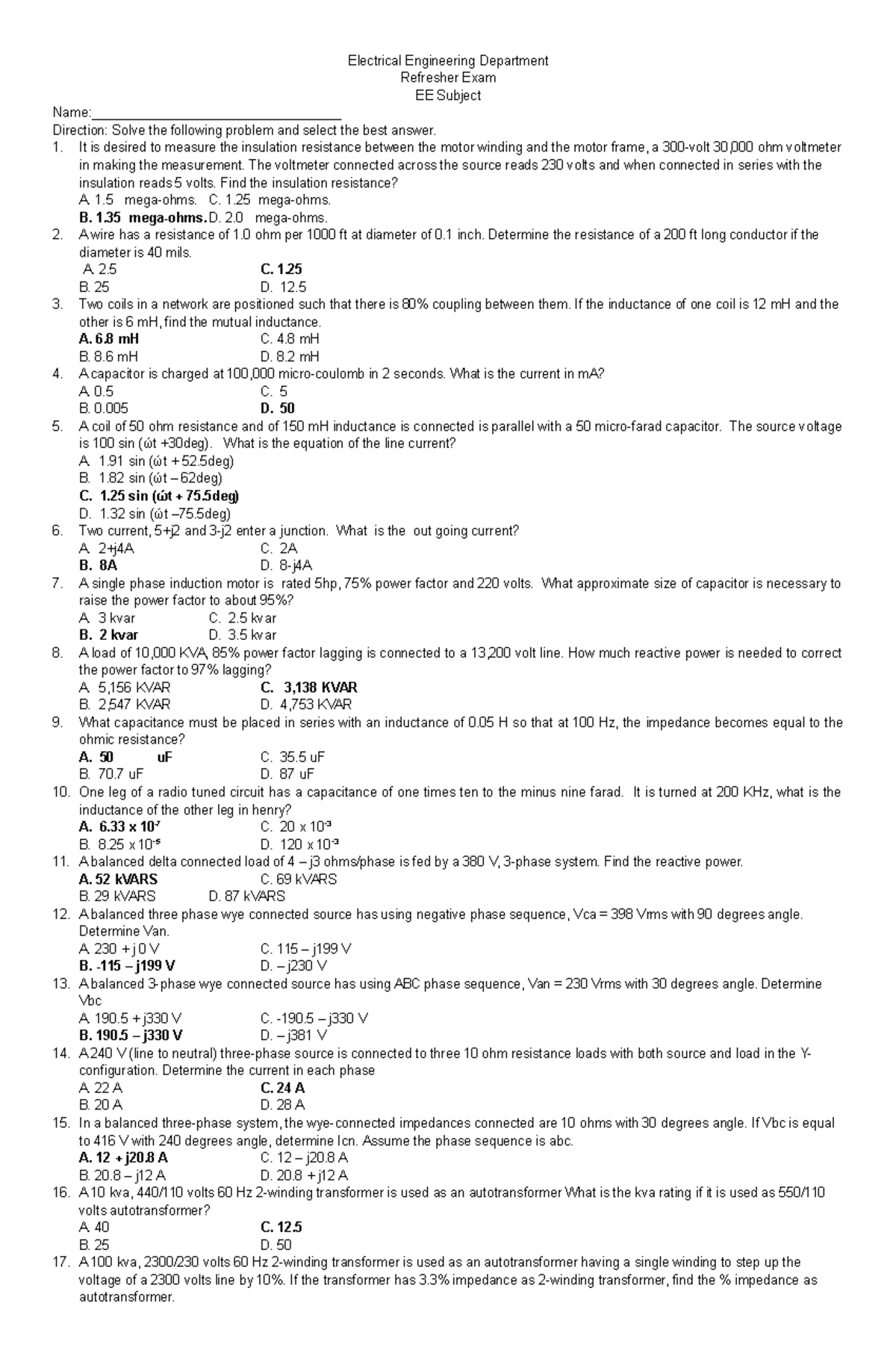 EE Refresher Quiz - Problem Solutions and Explanations - Studocu