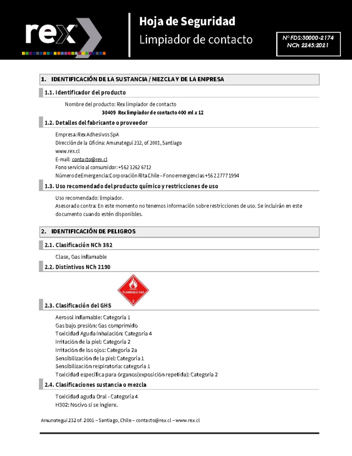 Hoja de Seguridad HDS Limpiador de Contacto NCh 2245:2021 - Studocu