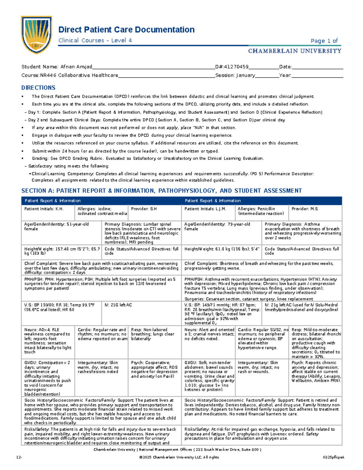 NR446 Clinical Care Plan: Direct Patient Care Documentation Level 4 ...