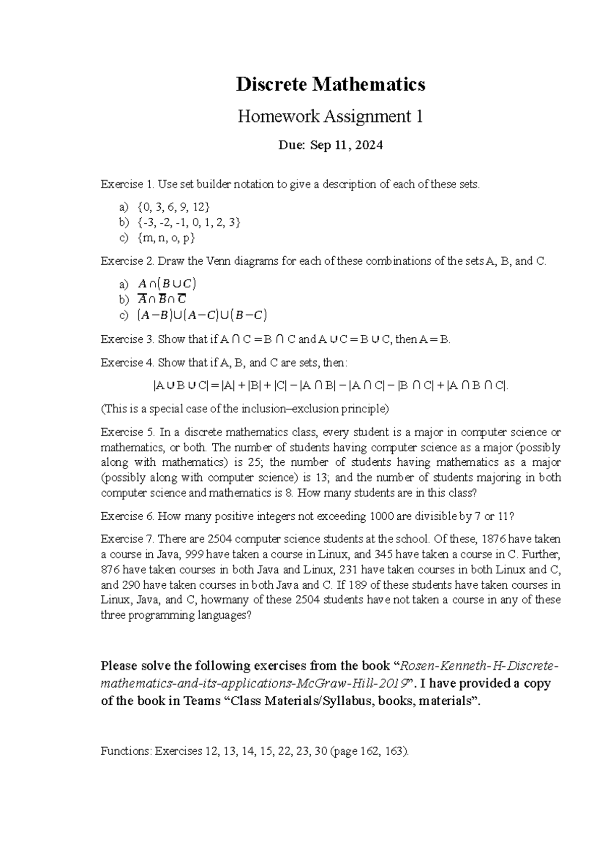 HW1 Discrete Mathematics: Sets & Functions Homework Assignment - Studocu