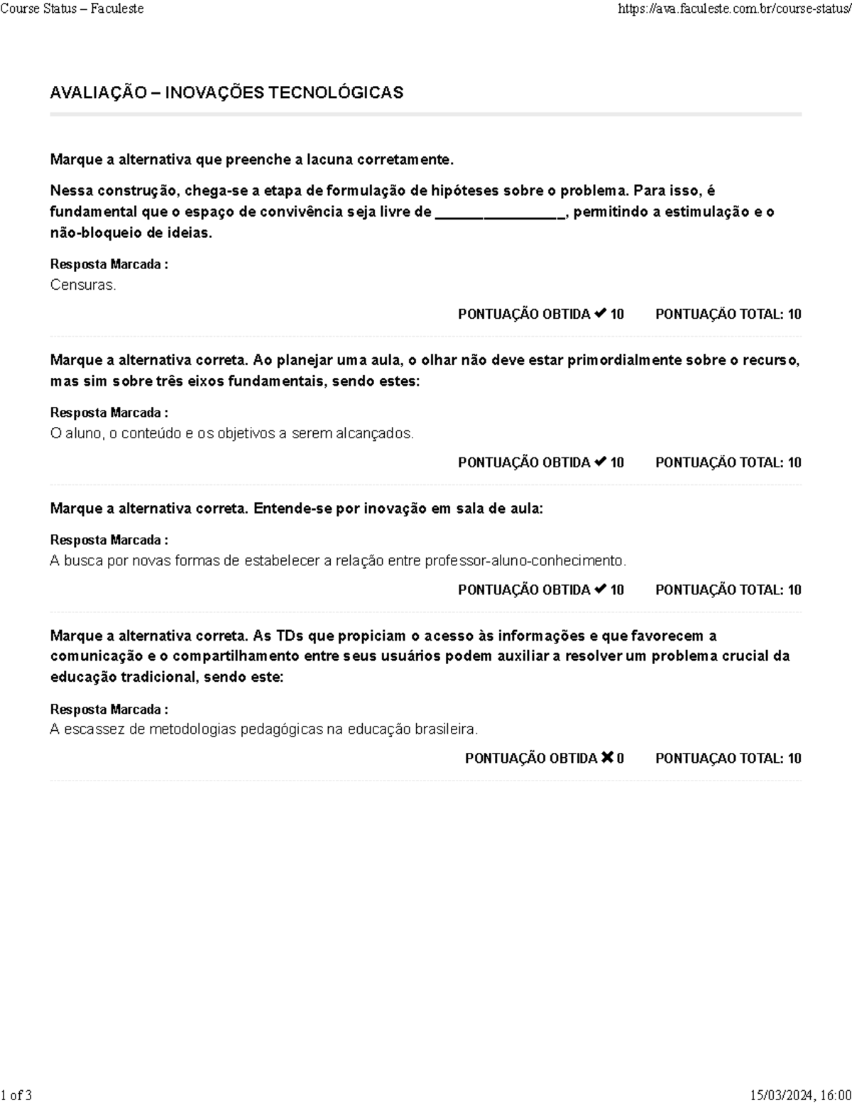 Avaliação de Inovação Tecnológica - Prova Faculeste - Studocu