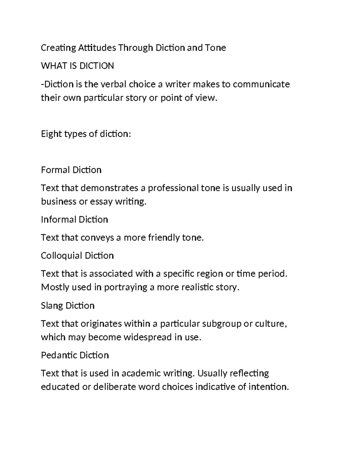 Creating Attitudes: Exploring Diction and Tone Techniques - Studocu