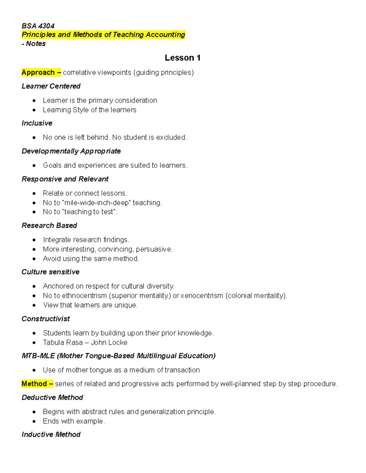 Teachings Lesson 1 to 5 Combined - BSA 4304 Principles and Methods of ...