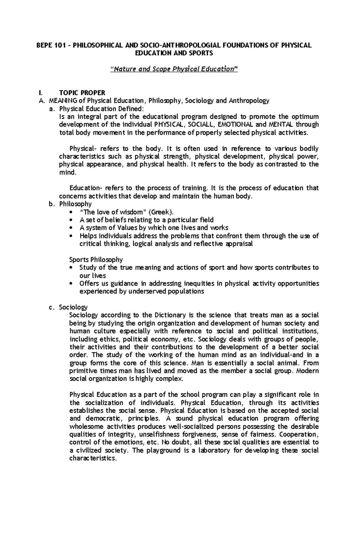 Nature and Scope of Physical Education in BEPE 101 Course Outline - Studocu