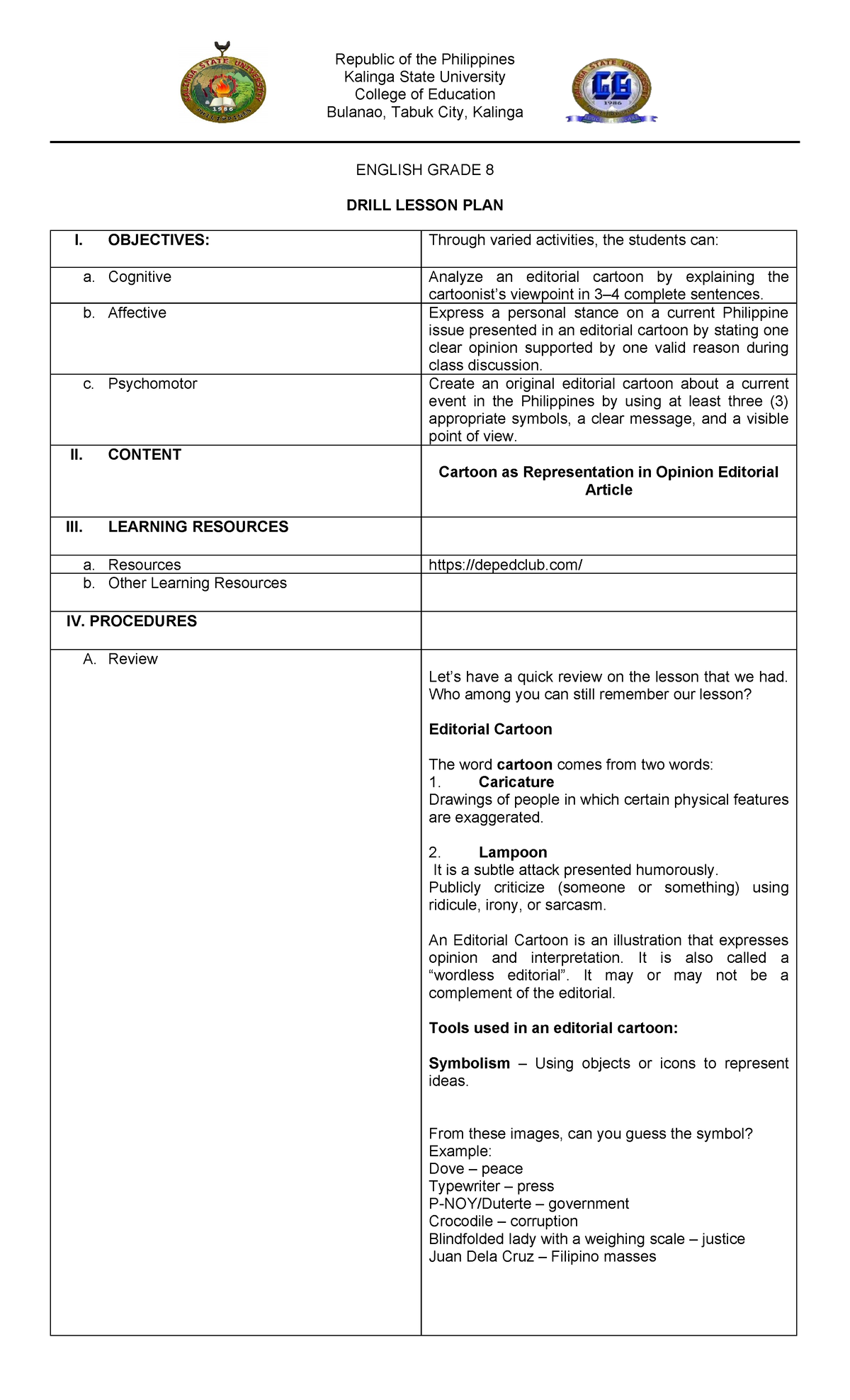 ENGLISH GRADE 8 DRILL: Editorial Cartoon Lesson Plan - Studocu