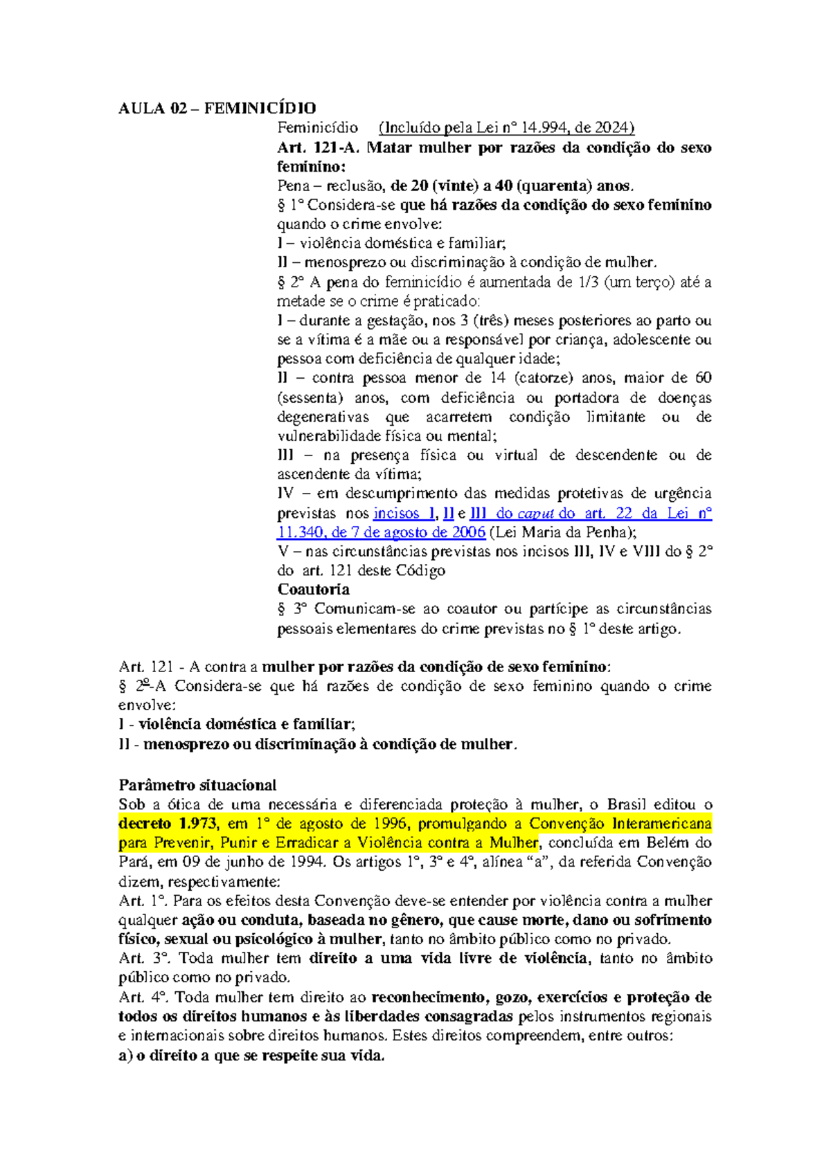 AULA 02 - Feminicídio: Análise da Lei nº 14.994/2024 e suas Implicações ...