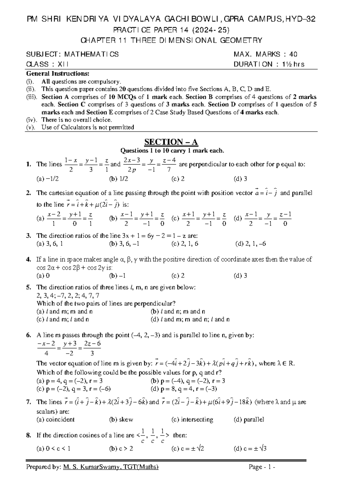 Maths Class XII Practice Paper 14: Chapter 11 - 3D Geometry 2024 - Studocu