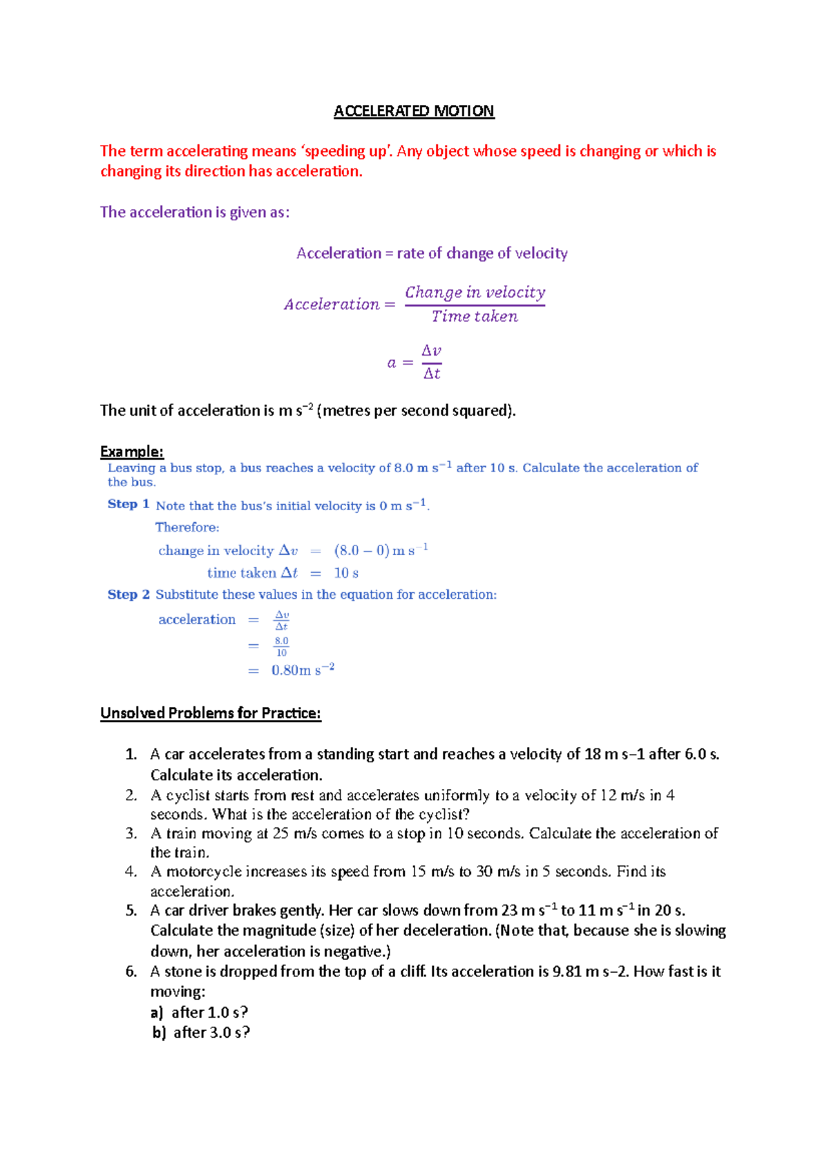 Accelerated Motion - SHORT NOTES FOR REVISION - ACCELERATED MOTION The ...