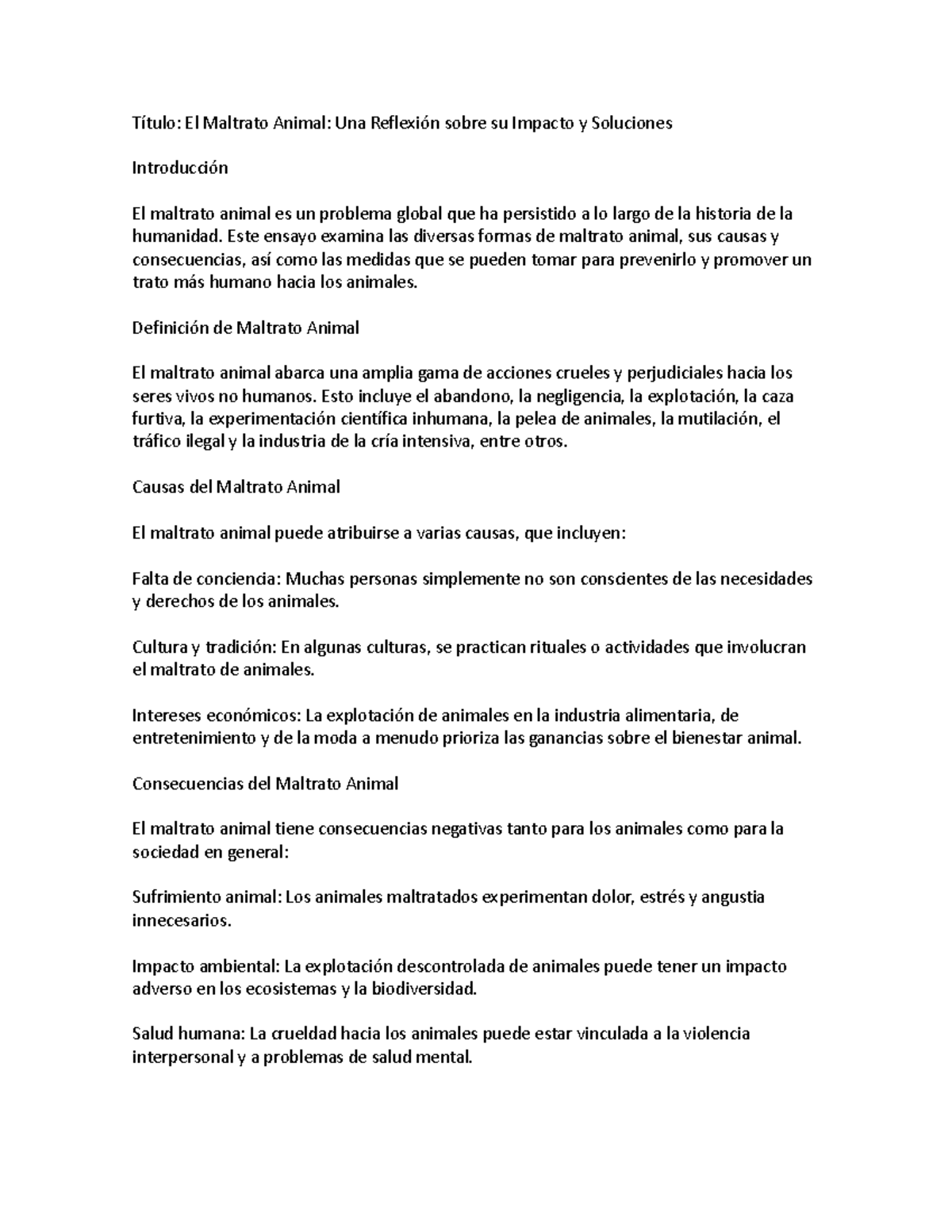 Ensayo sobre el Maltrato Animal: Impacto y Soluciones - Studocu